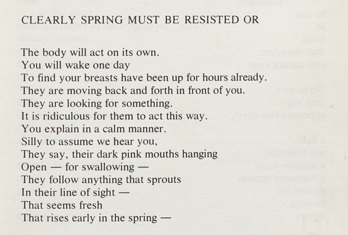 “Clearly Spring Must Be Resisted Or” — Elena Wilkinson – Biblioklept